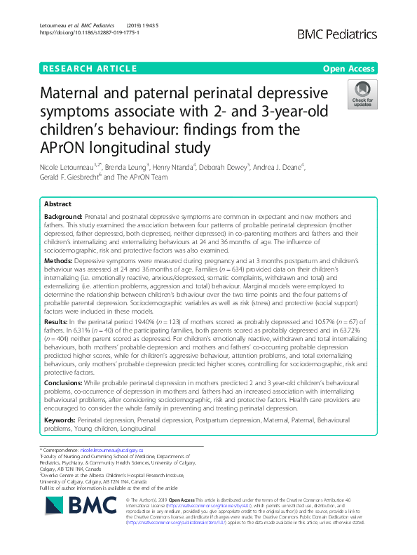 (PDF) Maternal and paternal perinatal depressive symptoms associate with 2- and 3-year-old ...