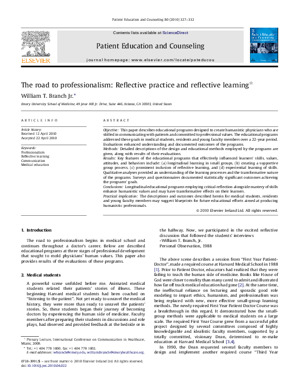 (PDF) The road to professionalism: Reflective practice and reflective ...