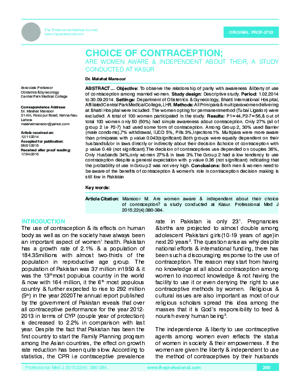 (PDF) Choice of Contraception