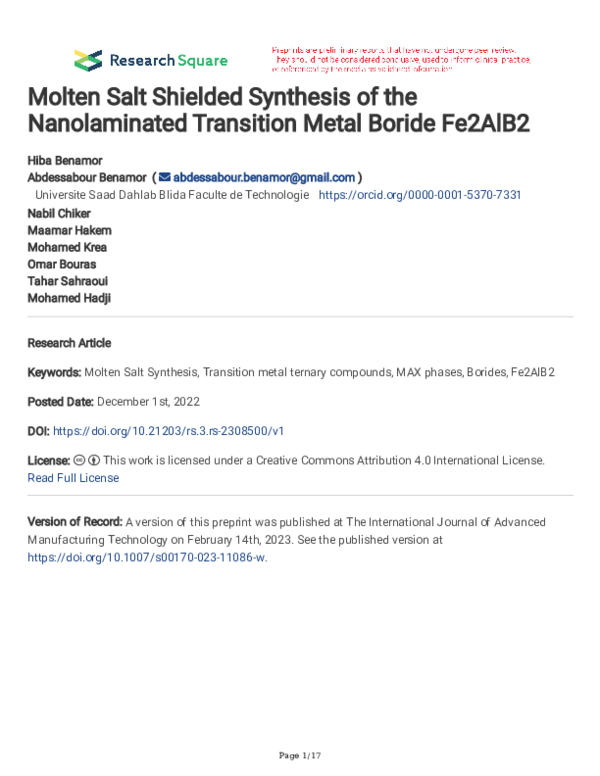 (PDF) Molten Salt Shielded Synthesis of the Nanolaminated Transition Metal Boride Fe2AlB2