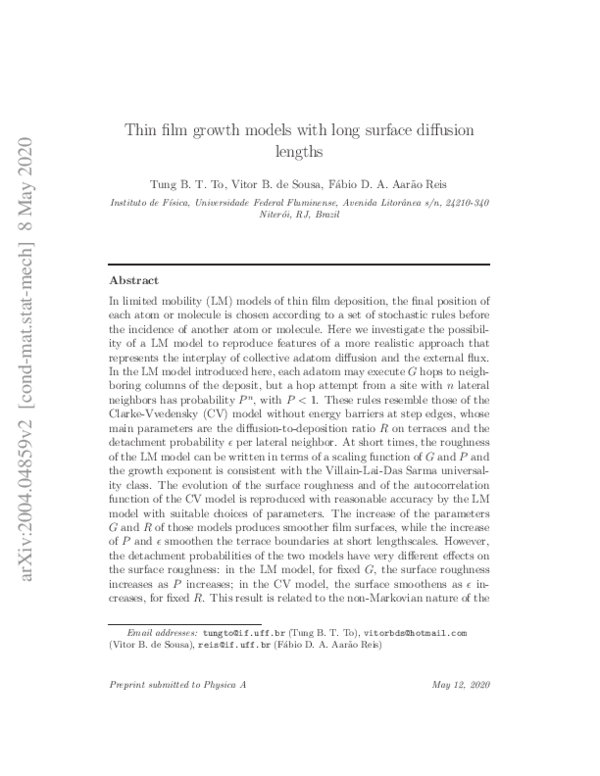 (PDF) Thin film growth models with long surface diffusion lengths