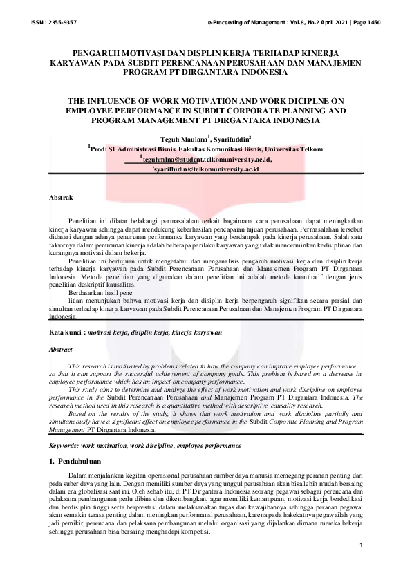 (PDF) Pengaruh Motivasi Dan Disiplin Kerja Terhadap Kinerja Karyawan Pada Subdit Perencanaan ...