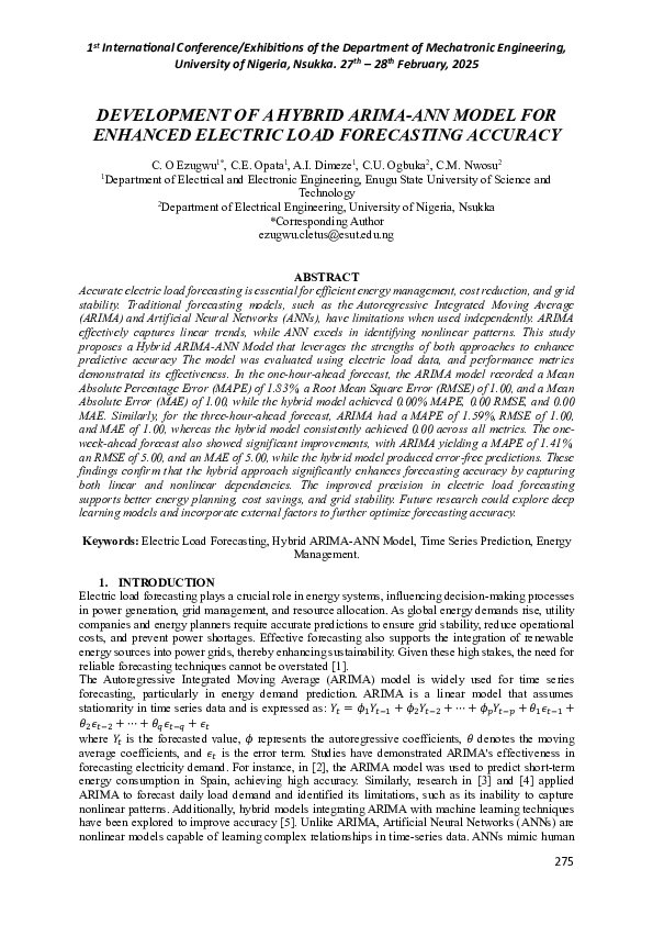 (PDF) DEVELOPMENT OF A HYBRID ARIMA-ANN MODEL FOR ENHANCED ELECTRIC LOAD FORECASTING ACCURACY