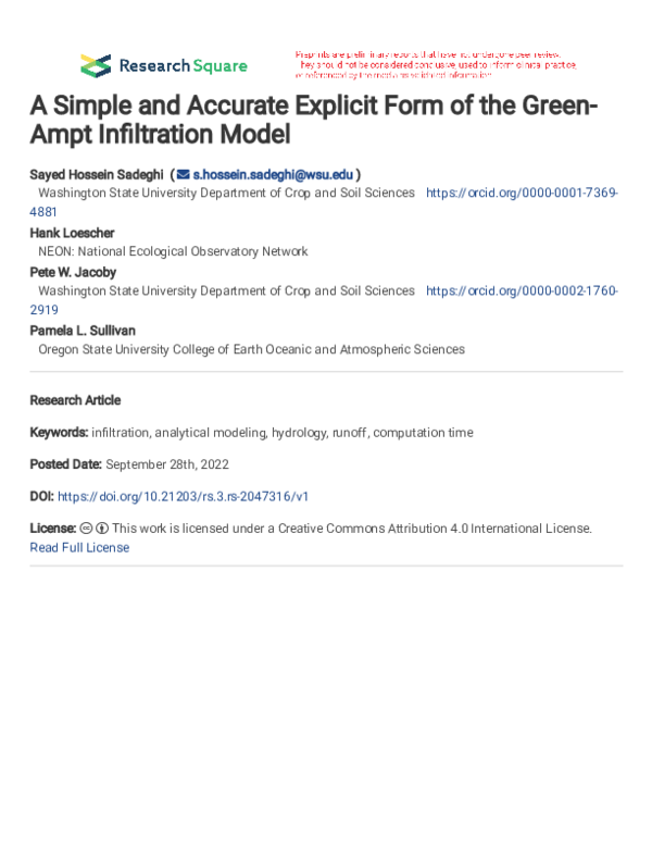 (PDF) A Simple and Accurate Explicit Form of the Green-Ampt Infiltration Model