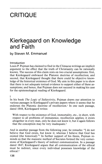 (PDF) Kierkegaard on Knowledge and Faith