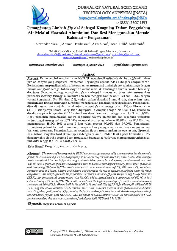(PDF) Pemanfaatan Limbah Fly Ash Sebagai Koagulan Dalam Pengolahan Air Melalui Ekstraksi ...
