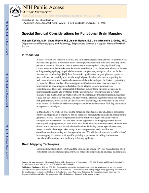 (PDF) Special Surgical Considerations for Functional Brain Mapping