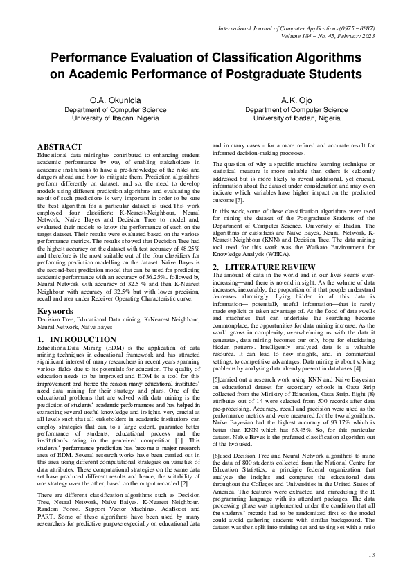 (PDF) Performance Evaluation of Classification Algorithms on Academic ...