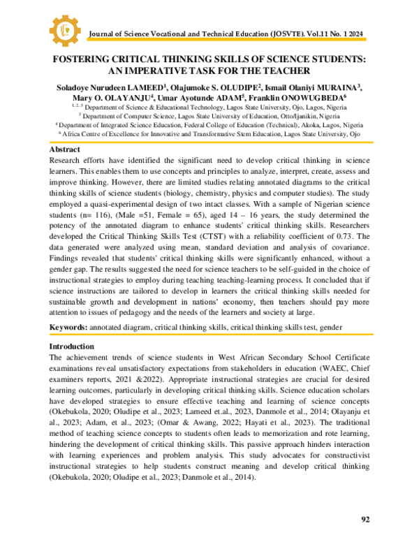 (PDF) FOSTERING CRITICAL THINKING SKILLS OF SCIENCE STUDENTS: AN ...