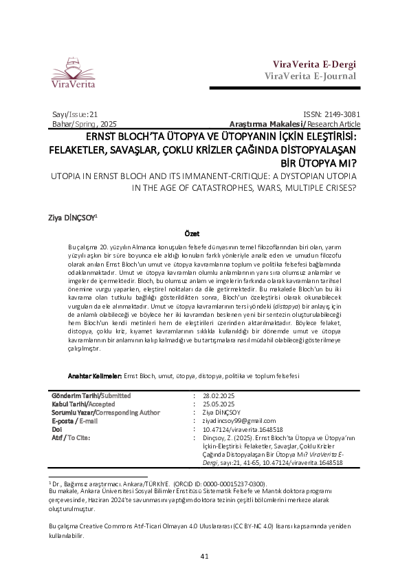 (PDF) ERNST BLOCH’TA ÜTOPYA VE ÜTOPYANIN İÇKİN ELEŞTİRİSİ: FELAKETLER ...