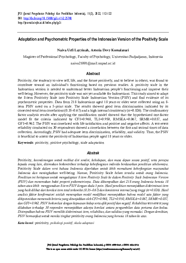 (PDF) Adaptation and Psychometric Properties of the Indonesian Version ...