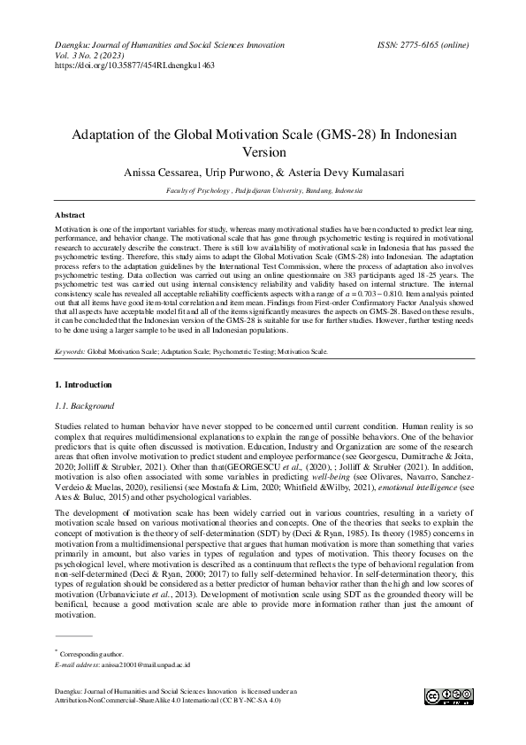(PDF) Adaptation of the Global Motivation Scale (GMS-28) in Indonesian ...