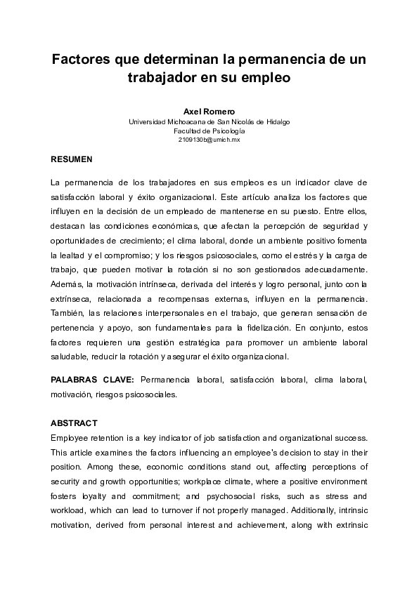 (PDF) Factores que determinan la permanencia de un trabajador en su empleo