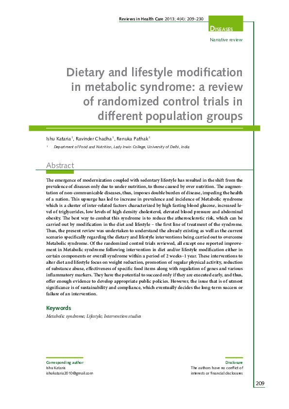 (PDF) Dietary and lifestyle modification in metabolic syndrome: a ...
