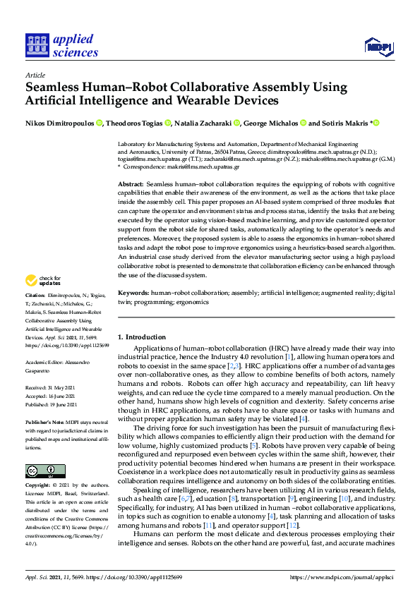 Pdf Seamless Human Robot Collaborative Assembly Using Artificial Intelligence And Wearable Devices