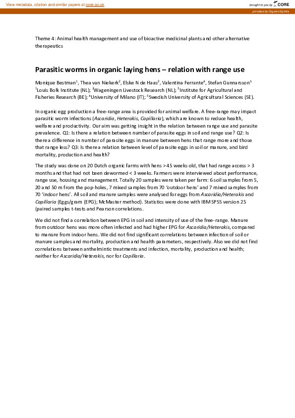 (PDF) Parasitic worms in organic laying hens – relation with range use
