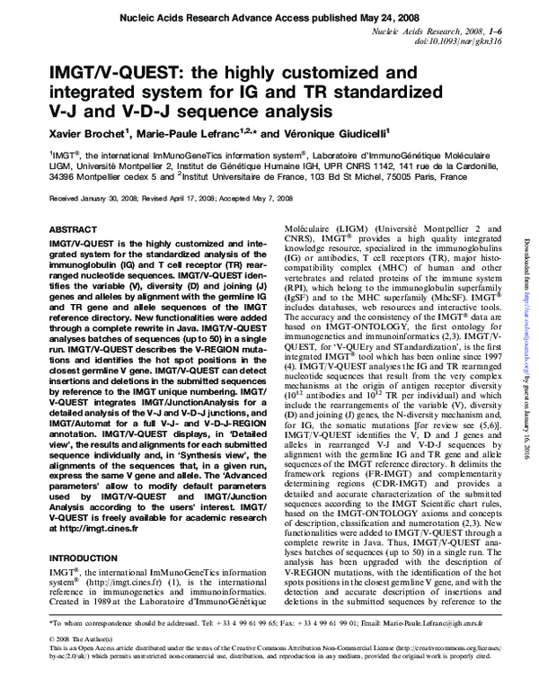 (PDF) IMGT/V-QUEST: the highly customized and integrated system for IG ...