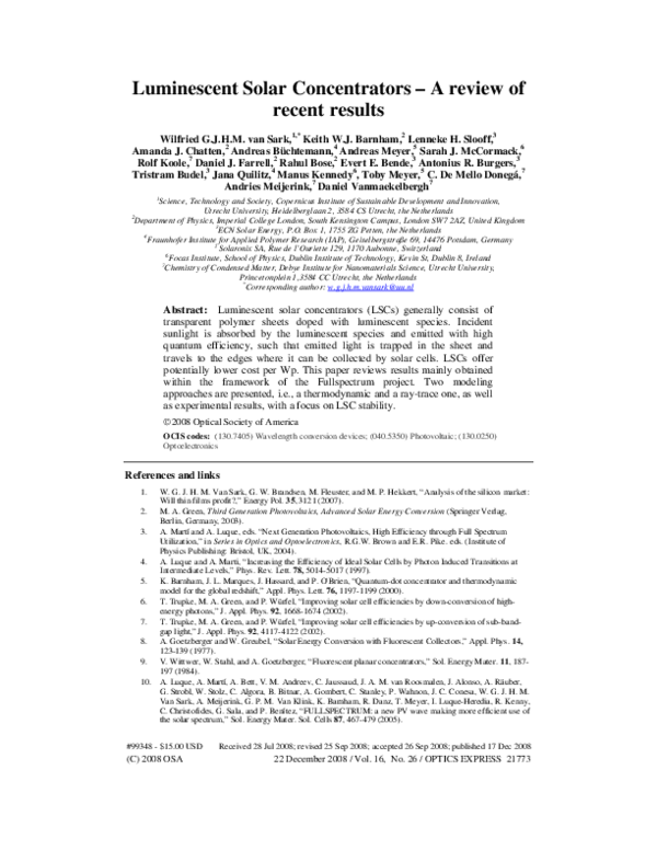 (PDF) Luminescent Solar Concentrators - A review of recent results