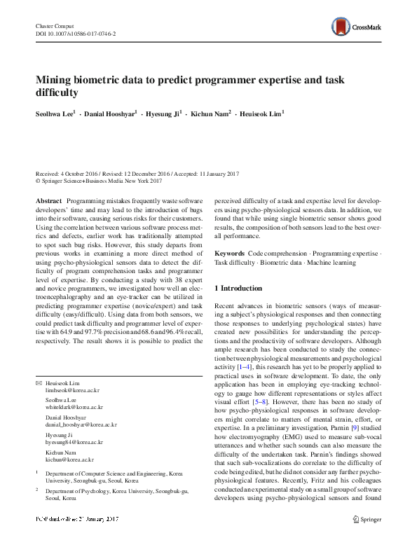 (PDF) Mining biometric data to predict programmer expertise and task difficulty