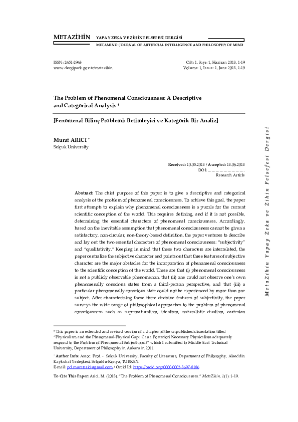 (PDF) The Problem of Phenomenal Consciousness: A Descriptive and ...