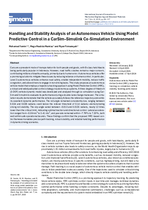 (PDF) Handling and Stability Analysis of an Autonomous Vehicle Using Model Predictive Control in ...