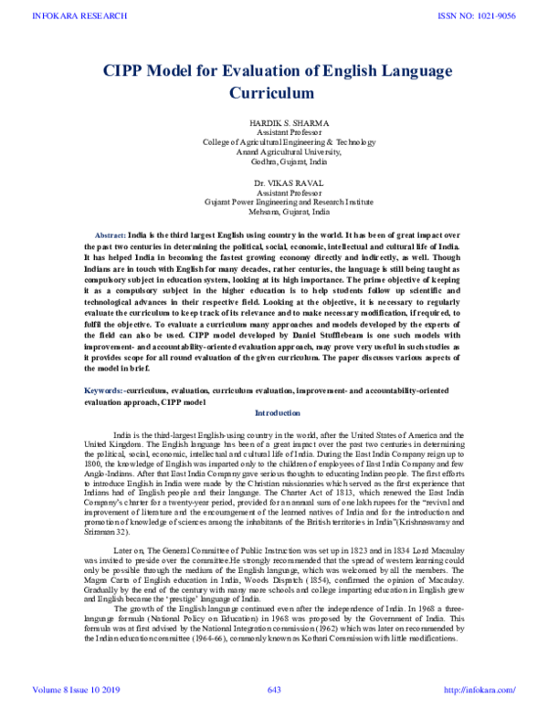 (PDF) CIPP Model for Evaluation of English Language Curriculum