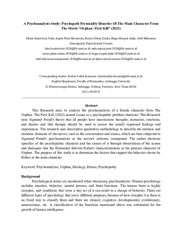 (PDF) A Psychoanalysis Study: Psychopath Personality Disorder Of The ...