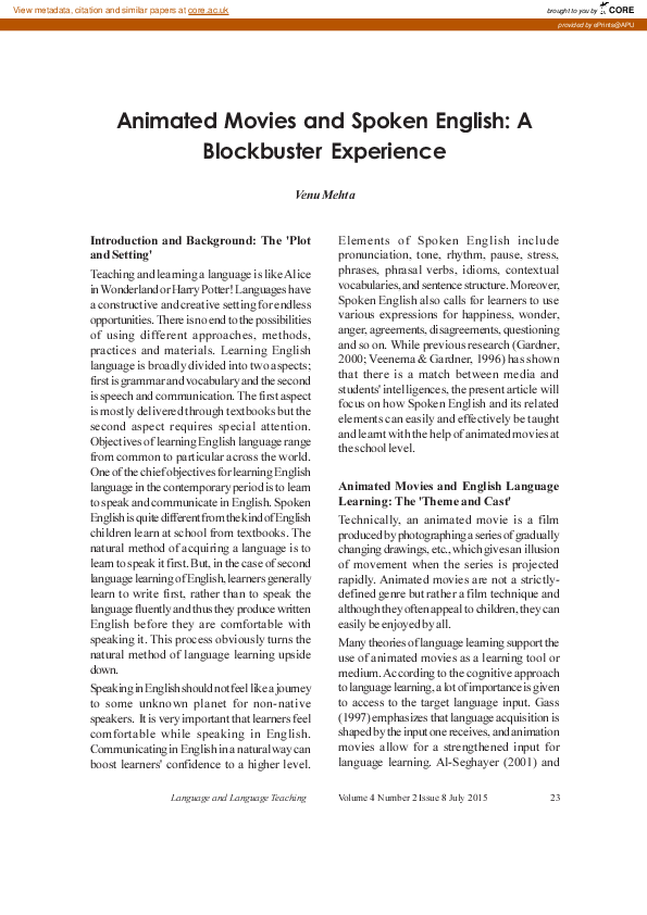 (PDF) Animated movies and spoken english: A blockbuster experience