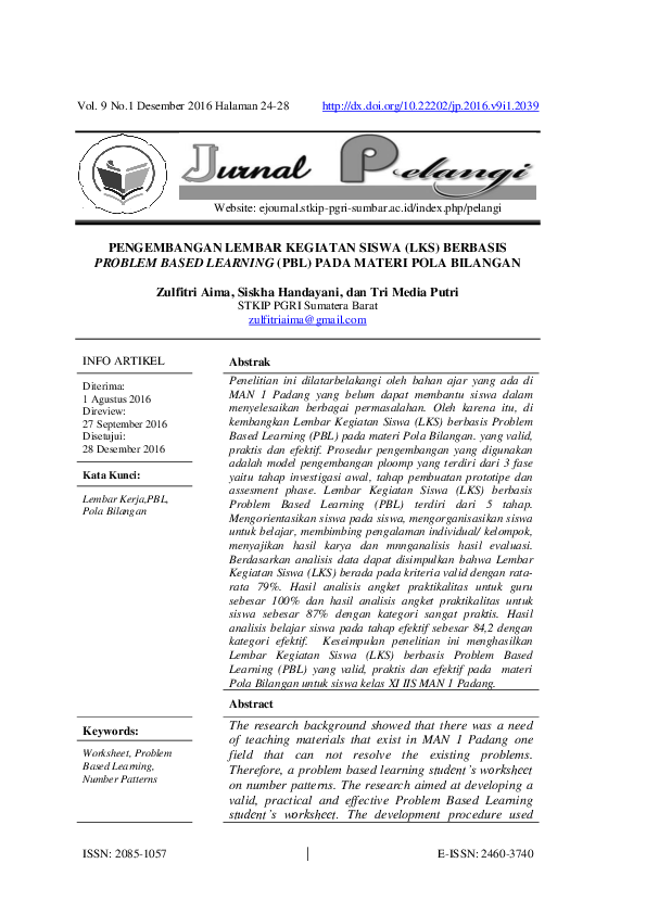 (PDF) Pengembangan Lembar Kegiatan Siswa (LKS) Berbasis Problem Based Learning (PBL) pada Materi ...