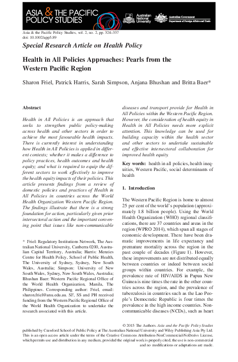 (PDF) Health in All Policies Approaches: Pearls from the Western ...