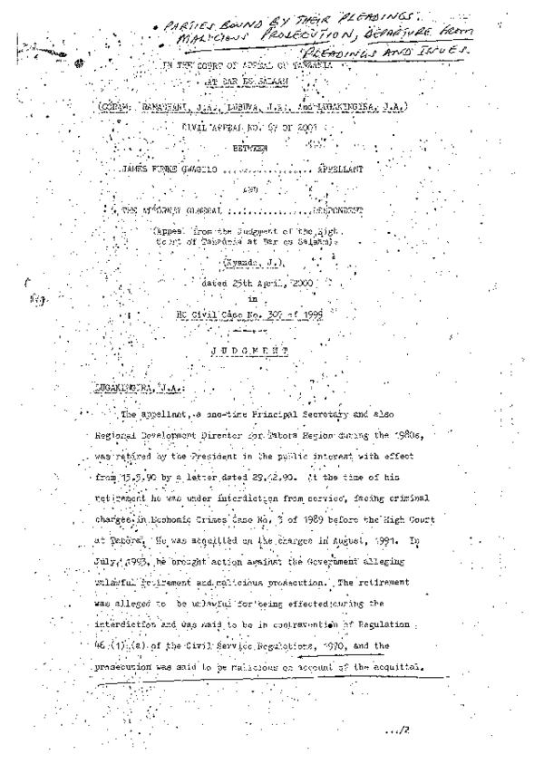 (PDF) James Funke Gwagilo vs Attorney General 2001 TZCA 63 1 January 2001