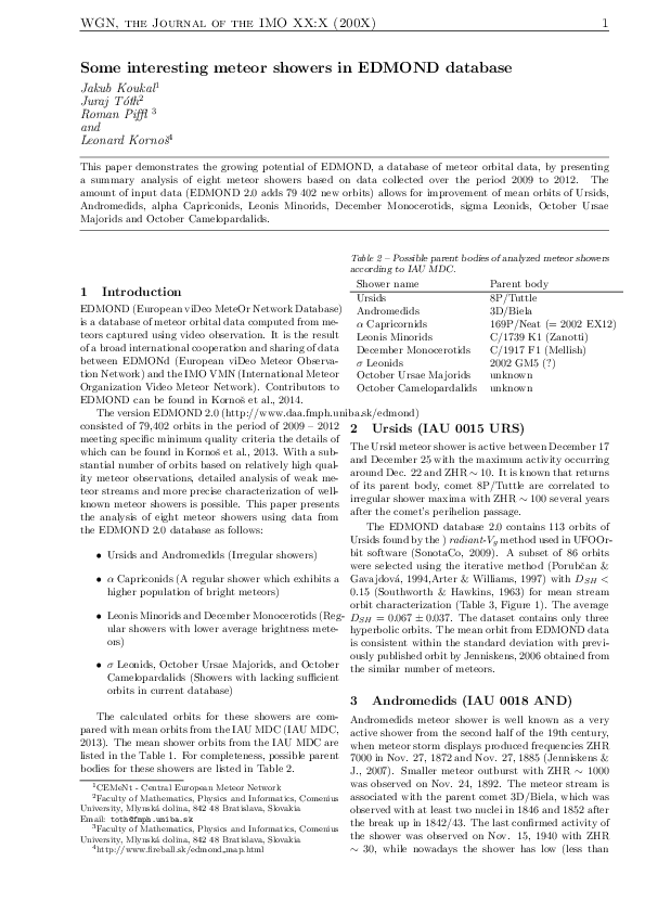 (PDF) of the IMO XX : X ( 200 X ) 1 Some interesting meteor showers in ...