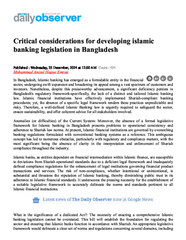 (PDF) Critical Consideraions for Developing Islamic Banking Legislation in Bangladesh