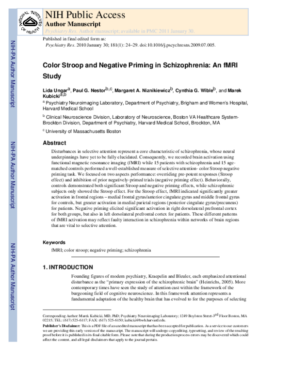 (PDF) Color Stroop and negative priming in schizophrenia: An fMRI study