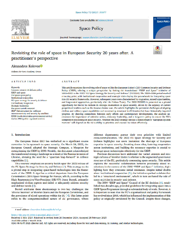 (PDF) Revisiting the role of space in European Security 20 years after. A practitioner’s perspective