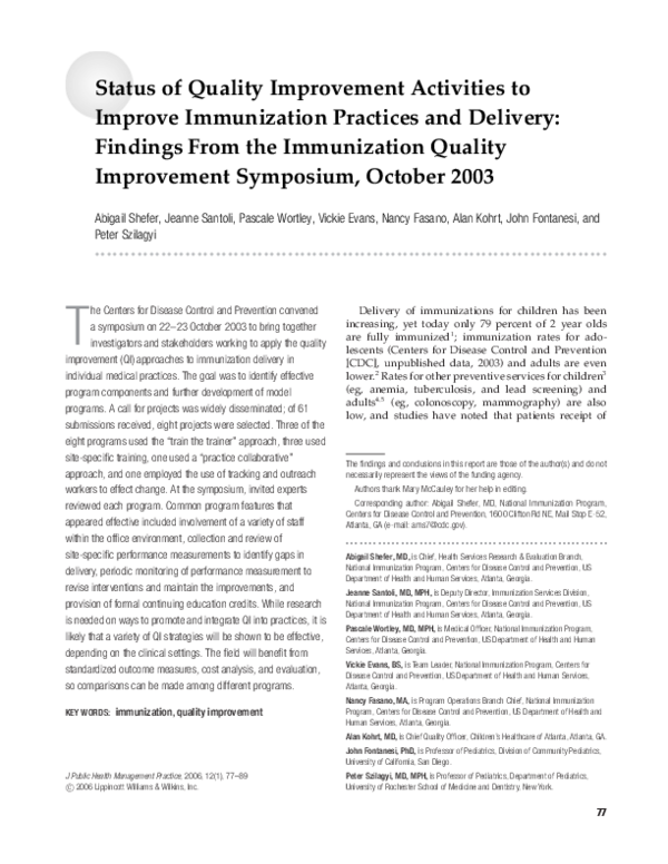 (PDF) Status of Quality Improvement Activities to Improve Immunization Practices and Delivery