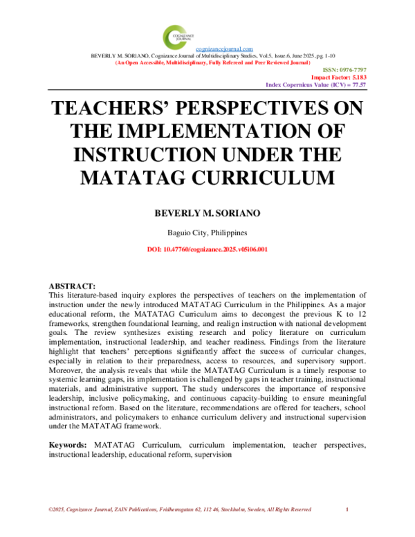 (PDF) TEACHERS’ PERSPECTIVES ON THE IMPLEMENTATION OF INSTRUCTION UNDER ...