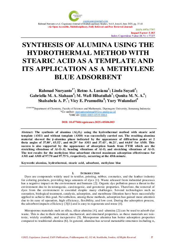 (PDF) SYNTHESIS OF ALUMINA USING THE HYDROTHERMAL METHOD WITH STEARIC ...
