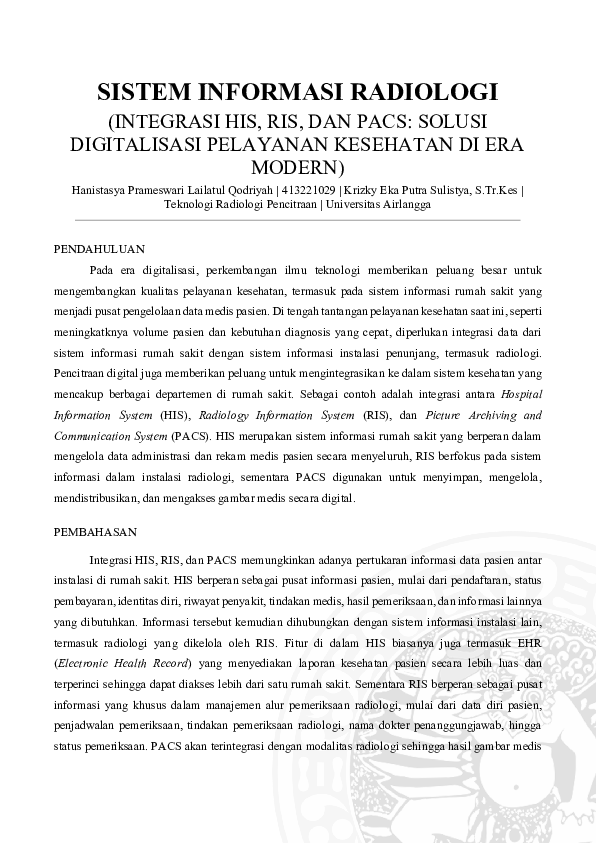 (PDF) INTEGRASI HIS, RIS, DAN PACS: SOLUSI DIGITALISASI PELAYANAN ...