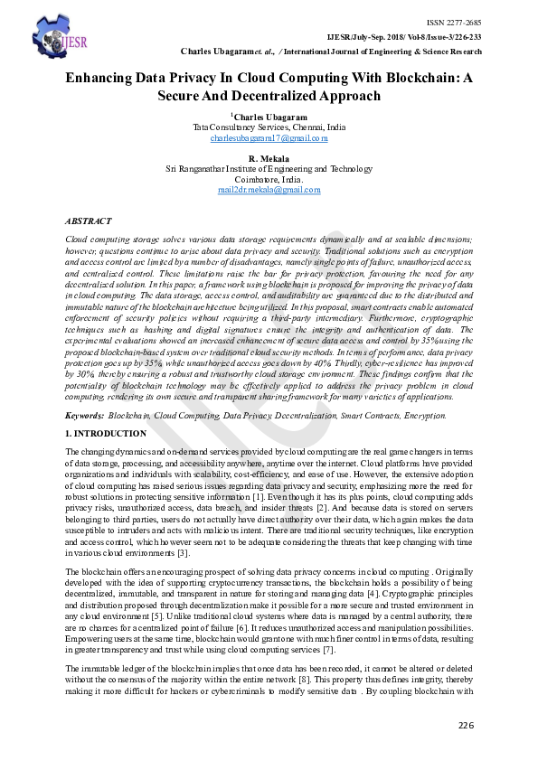 (PDF) Enhancing Data Privacy In Cloud Computing With Blockchain: A Secure And Decentralized Approach