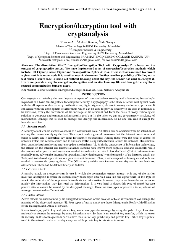 (PDF) Encryption/decryption tool with cryptanalysis