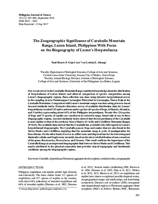 (PDF) The Zoogeographic Significance of Caraballo Mountain Range, Luzon ...