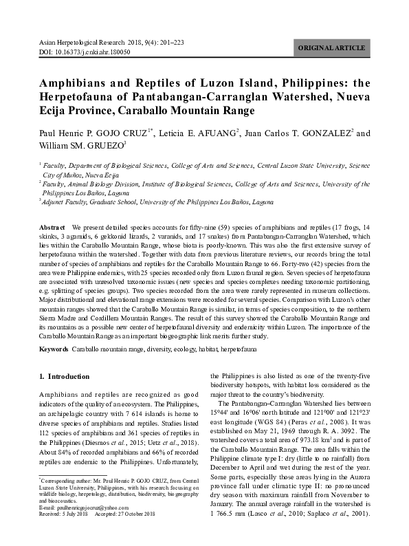 (PDF) Gojo Cruz Amphibians and Reptiles of PCWFR Asian Herp Res