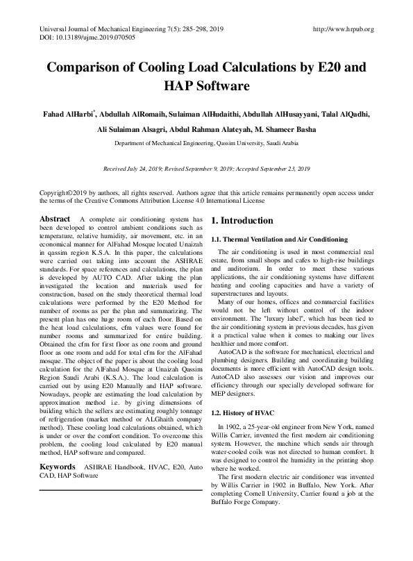 (PDF) Comparison of Cooling Load Calculations by E20 and HAP Software