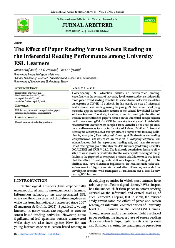 (PDF) The Effect of Paper Reading Versus Screen Reading on the ...