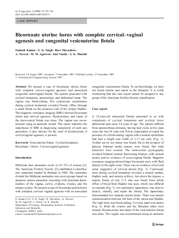 (PDF) Bicornuate uterine horns with complete cervical–vaginal agenesis ...