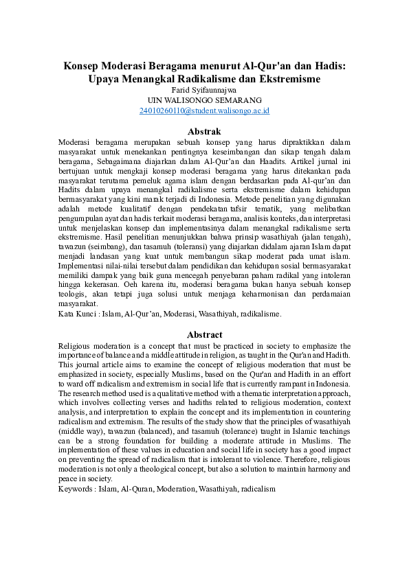(PDF) Konsep Moderasi Beragama menurut Al-Qur'an dan Hadis: Upaya Menangkal Radikalisme dan ...