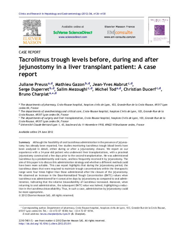 (PDF) Tacrolimus trough levels before, during and after jejunostomy in ...