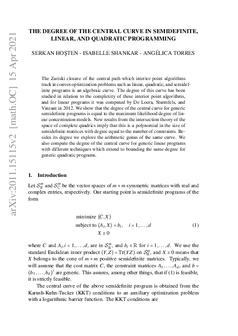 (PDF) The degree of the central curve in semidefinite, linear, and quadratic programming