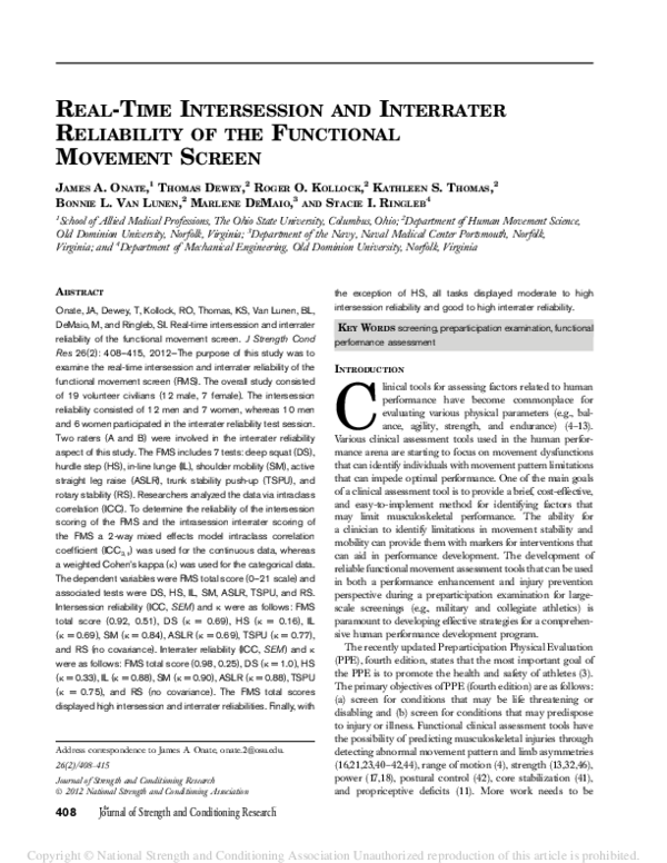 (PDF) Real-Time Intersession and Interrater Reliability of the Functional Movement Screen